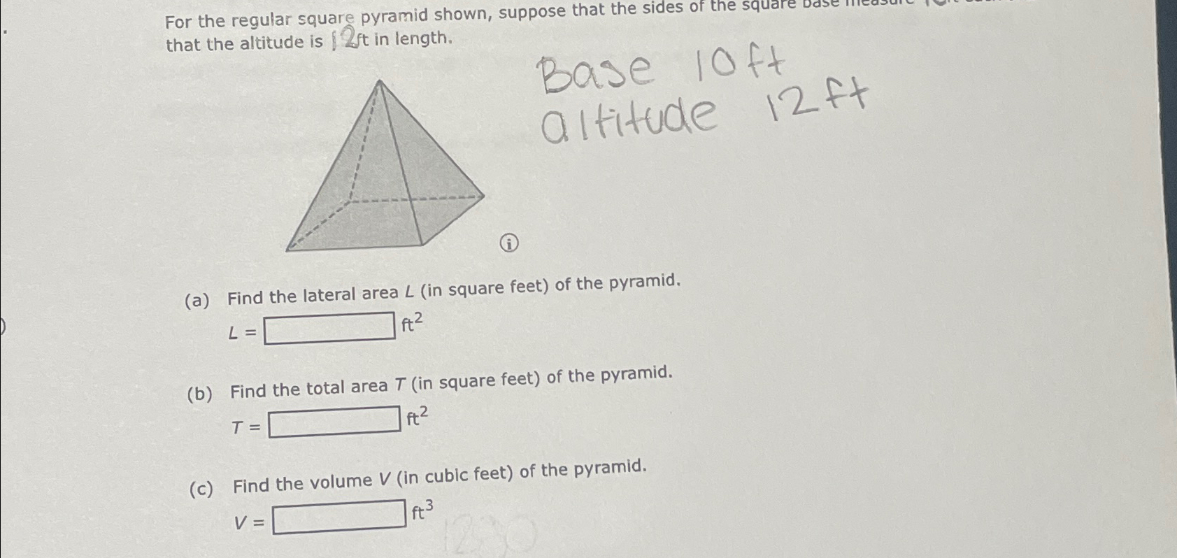 Solved For the regular square pyramid shown, suppose that | Chegg.com