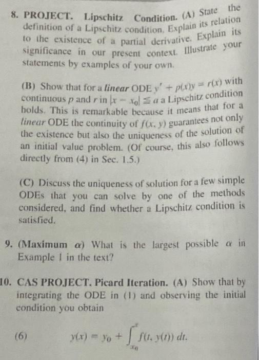 Solved 8 Project Lipschitz Condition A State The