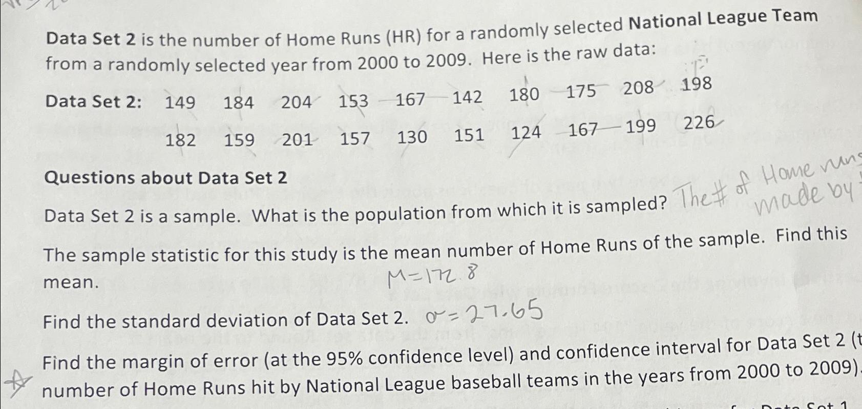 Solved Data Set 2 ﻿is the number of Home Runs (HR) ﻿for a | Chegg.com