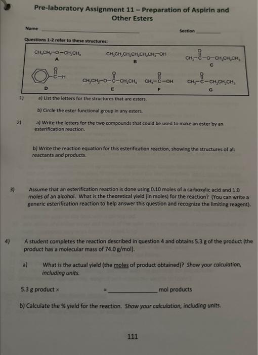 Solved Pre-laboratory Assignment 11 - Preparation of Aspirin | Chegg.com