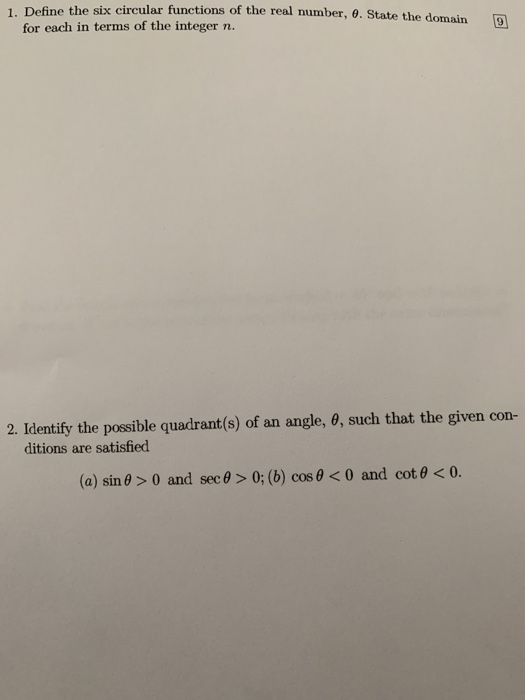 Solved 1 Define the six circular functions of the real | Chegg.com