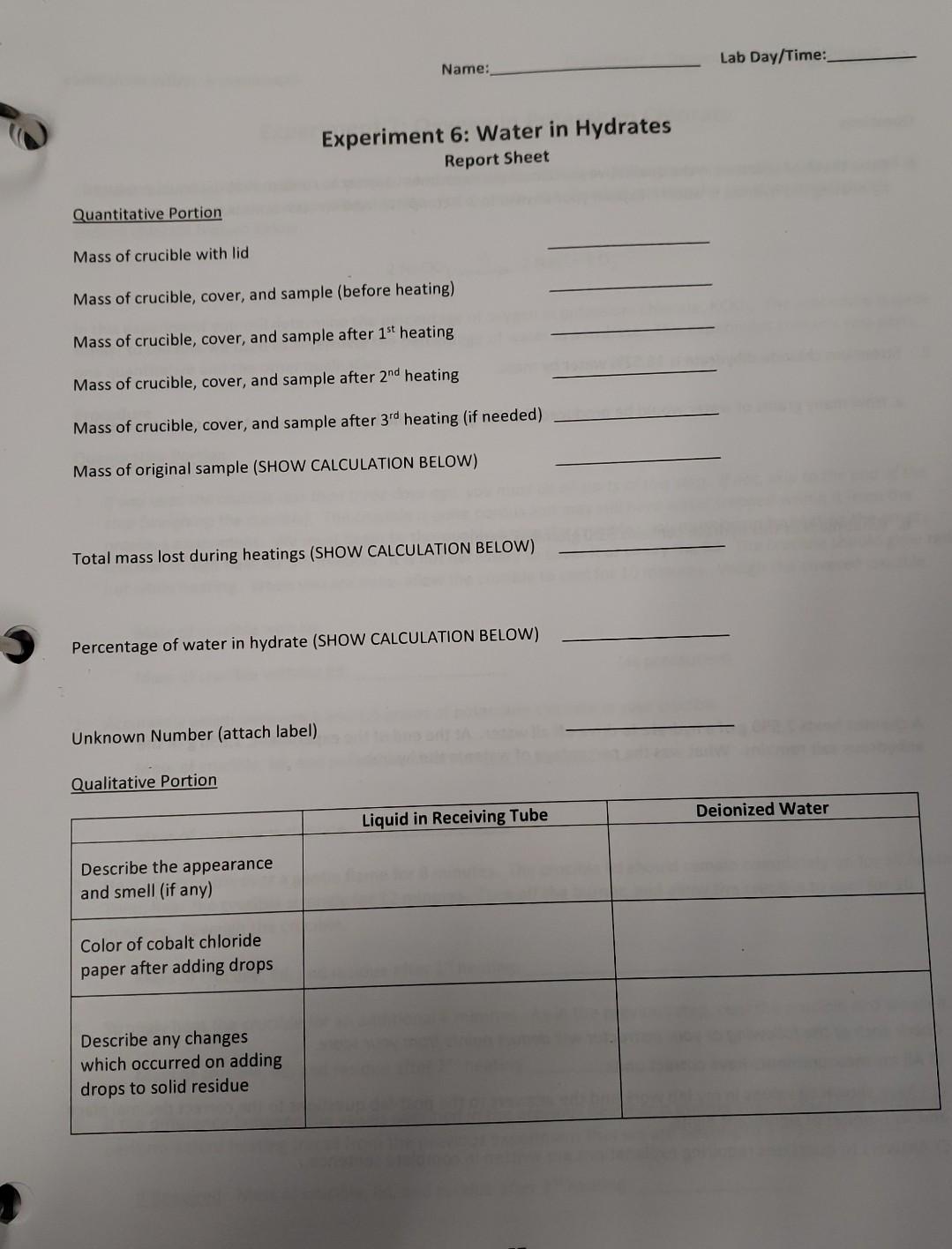 Solved Lab Day/Time: Name: Experiment 6: Water in Hydrates | Chegg.com