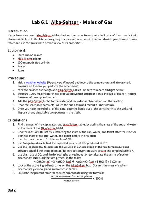 Lab 6.1: Alka-Seltzer - Moles of Gas Introduction If | Chegg.com
