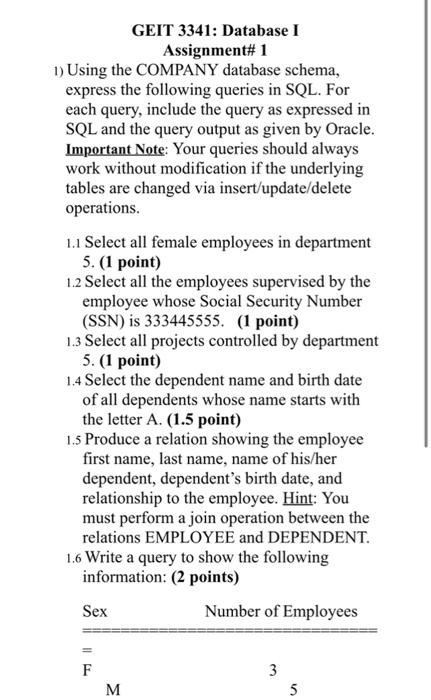 Solved GEIT 3341: Database I Assignment# 1 1) Using the | Chegg.com