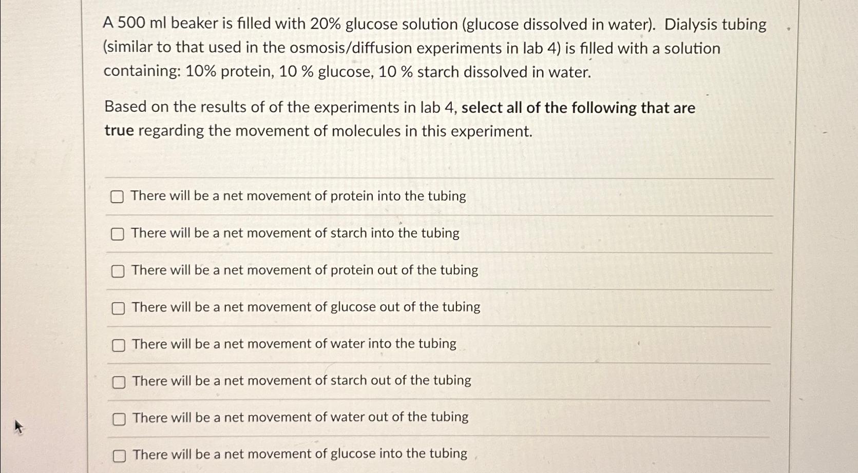 Solved A 500ml ﻿beaker is filled with 20% ﻿glucose solution | Chegg.com