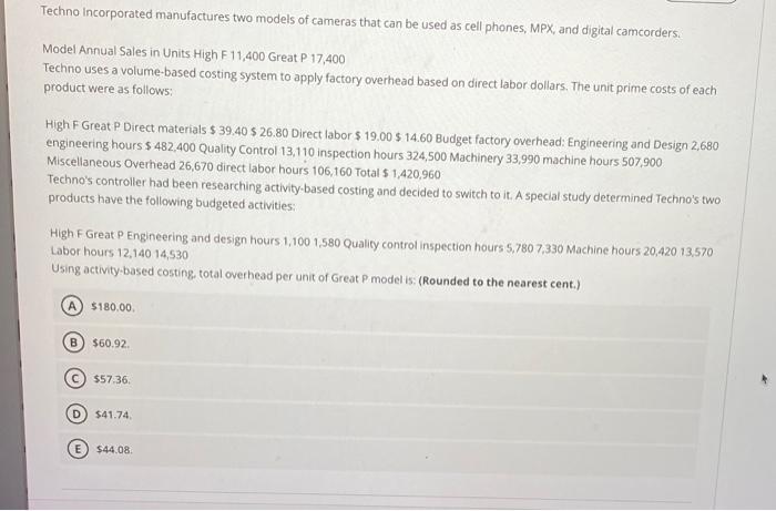 Solved Techno incorporated manufactures two models of | Chegg.com