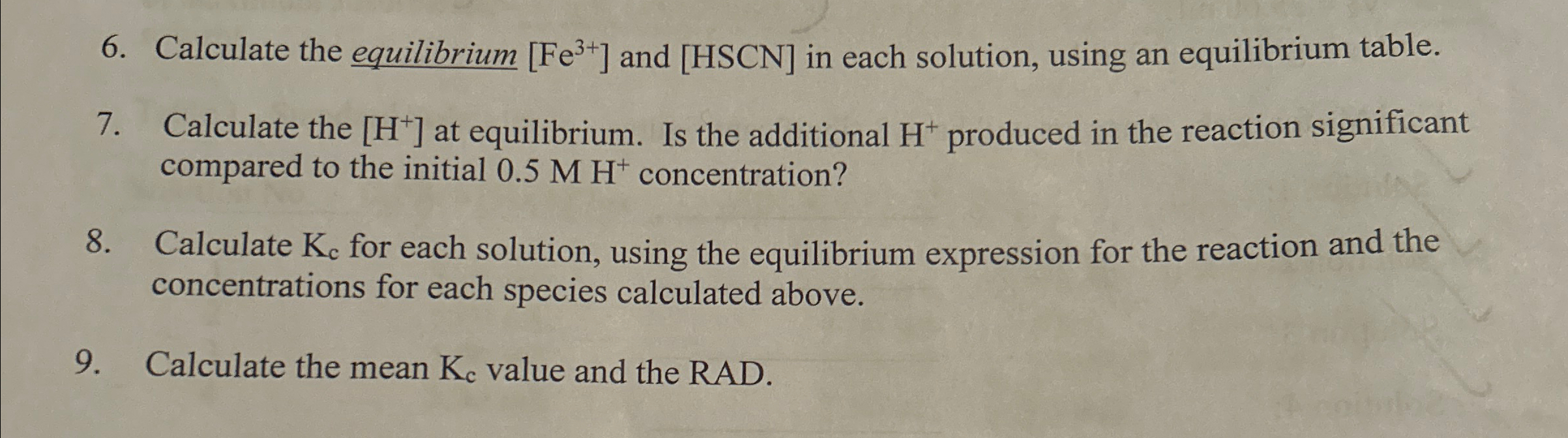 Calculate the equilibrium Fe3+ ﻿and HSCN ﻿in each | Chegg.com