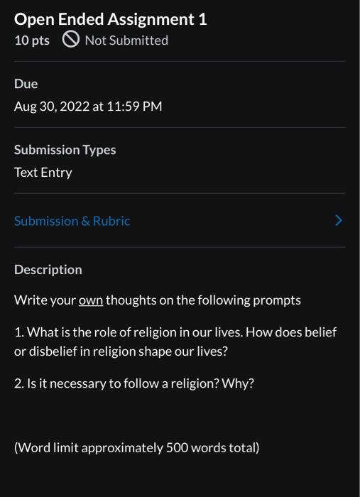 Open Ended Assignment 1 10 pts Not Submitted Due Aug | Chegg.com