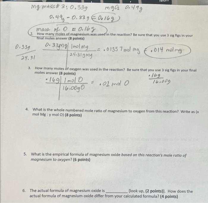 Solved 2. How many moles of magnesium was used in the | Chegg.com