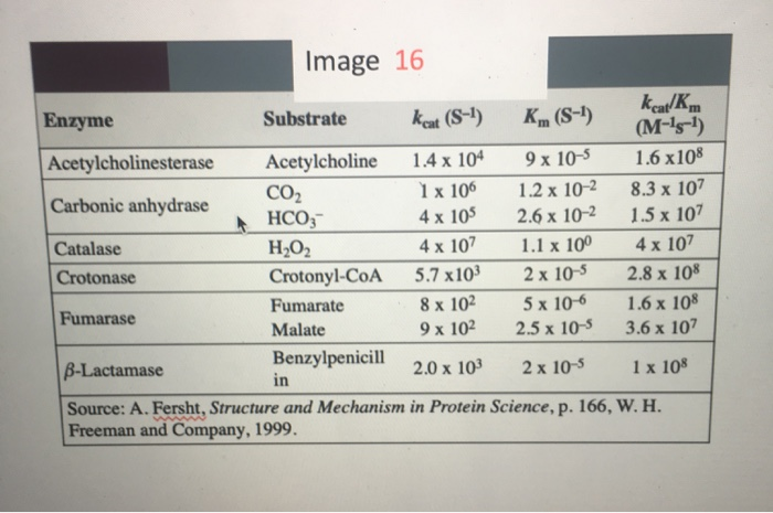 Solved QUESTION 9 The table in Image 16 depicts the kcat/Km | Chegg.com