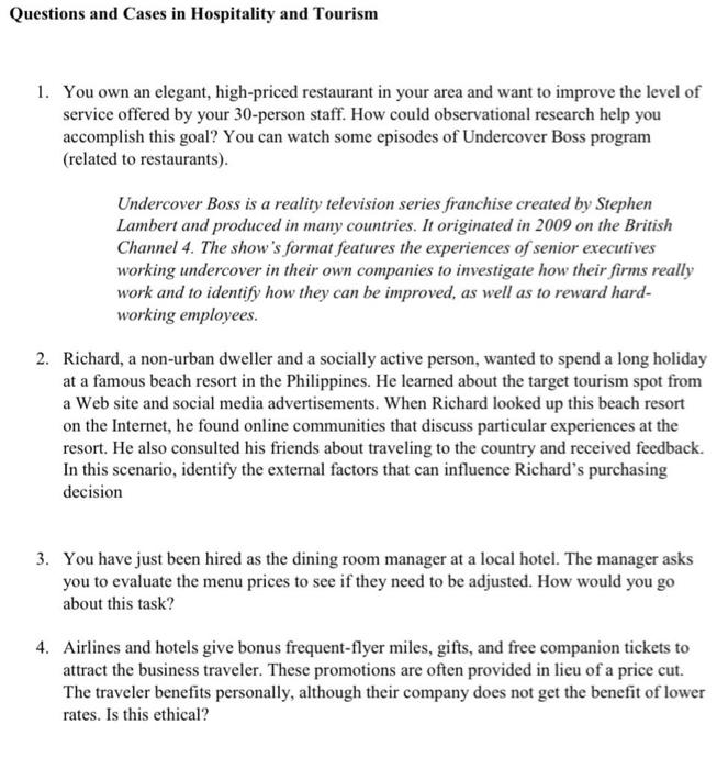 Solved Questions and Cases in Hospitality and Tourism 1. You | Chegg.com