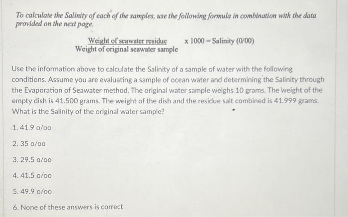 Solved To calculate the Salinity of each of the samples, use | Chegg.com