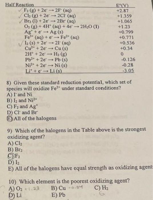 8) Given these standard reduction potential, which | Chegg.com