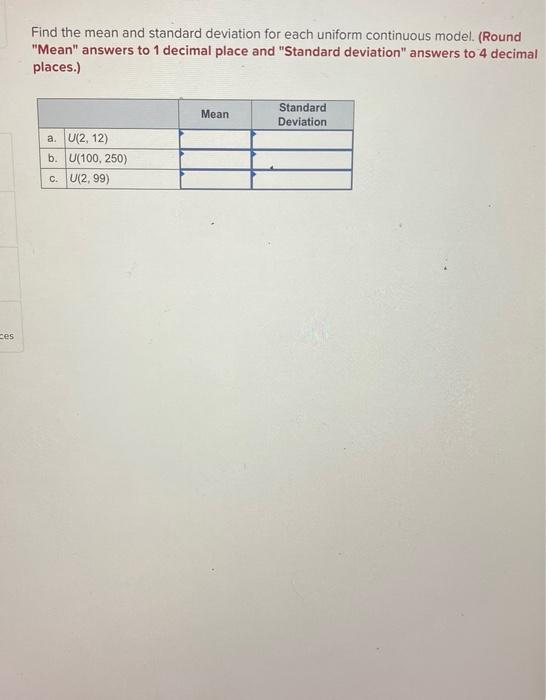 Solved Find the mean and standard deviation for each uniform | Chegg.com