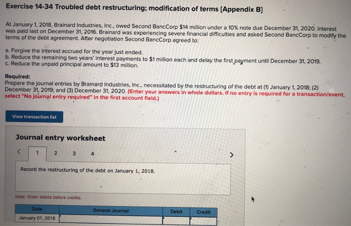 Solved Exercise 14-34 Troubled debt restructuring; | Chegg.com