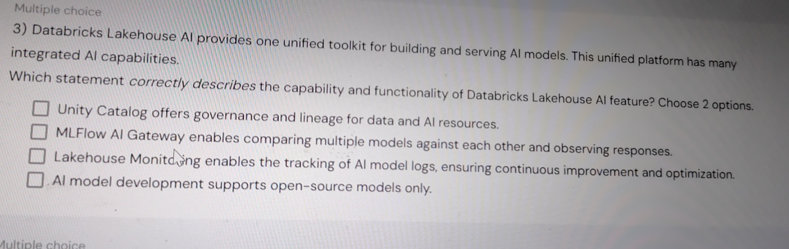 Multiple choiceDatabricks Lakehouse Al provides one | Chegg.com