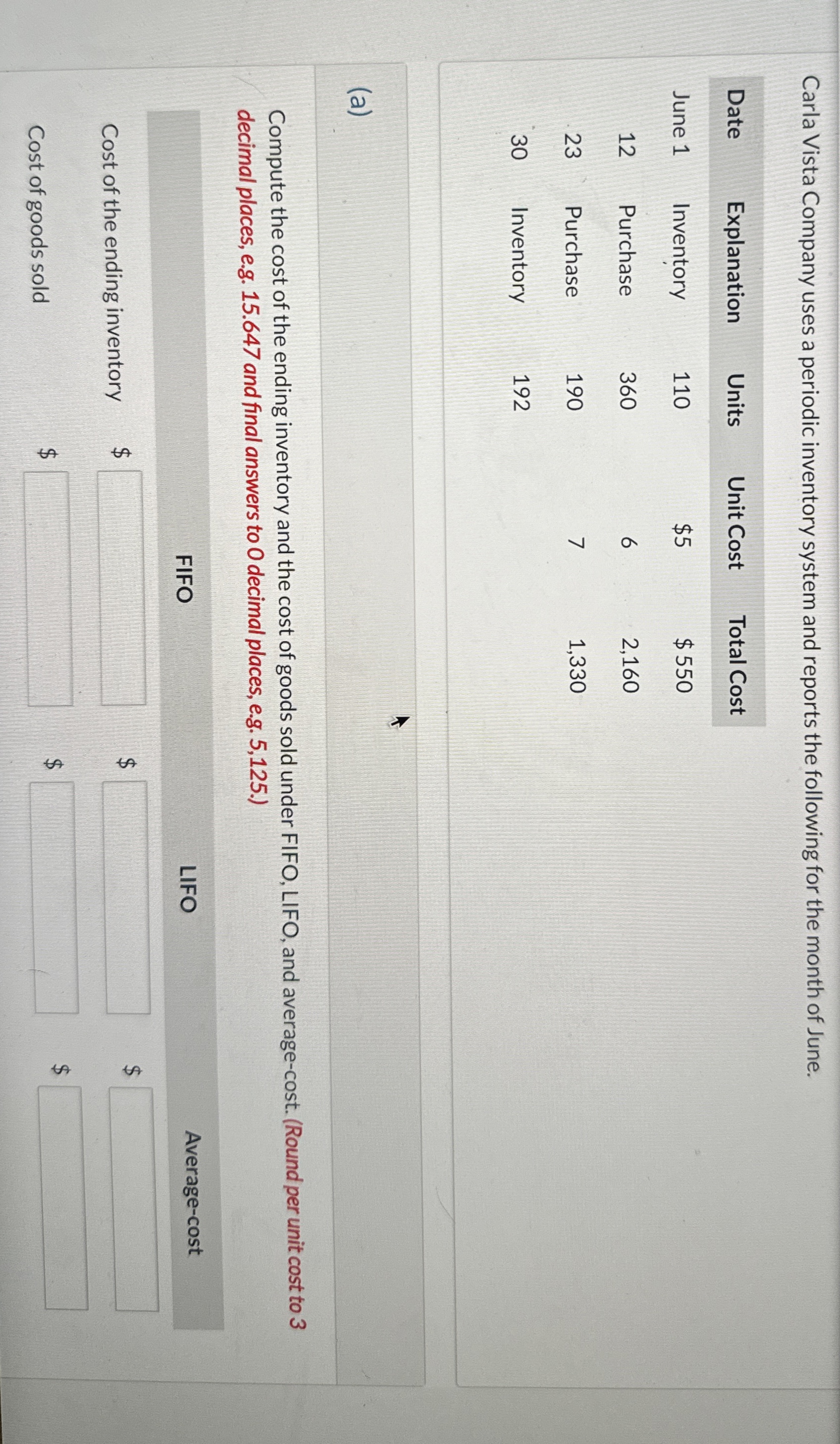 Solved Carla Vista Company uses a periodic inventory system | Chegg.com