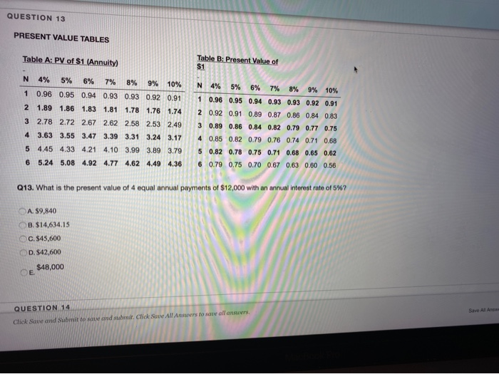 Solved QUESTION 13 PRESENT VALUE TABLES Table A: PV of $1 | Chegg.com