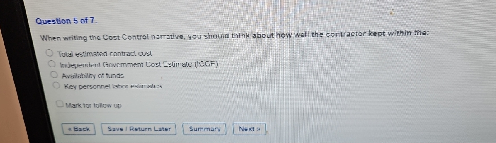 Solved Question 5 ﻿of 7.When writing the Cost Control | Chegg.com