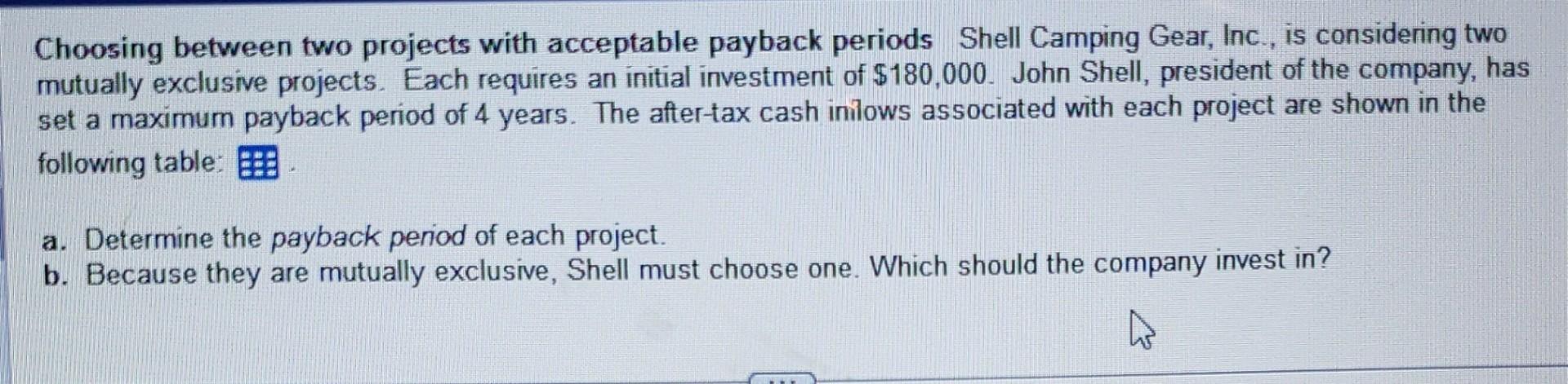 Solved Choosing between two projects with acceptable payback | Chegg.com