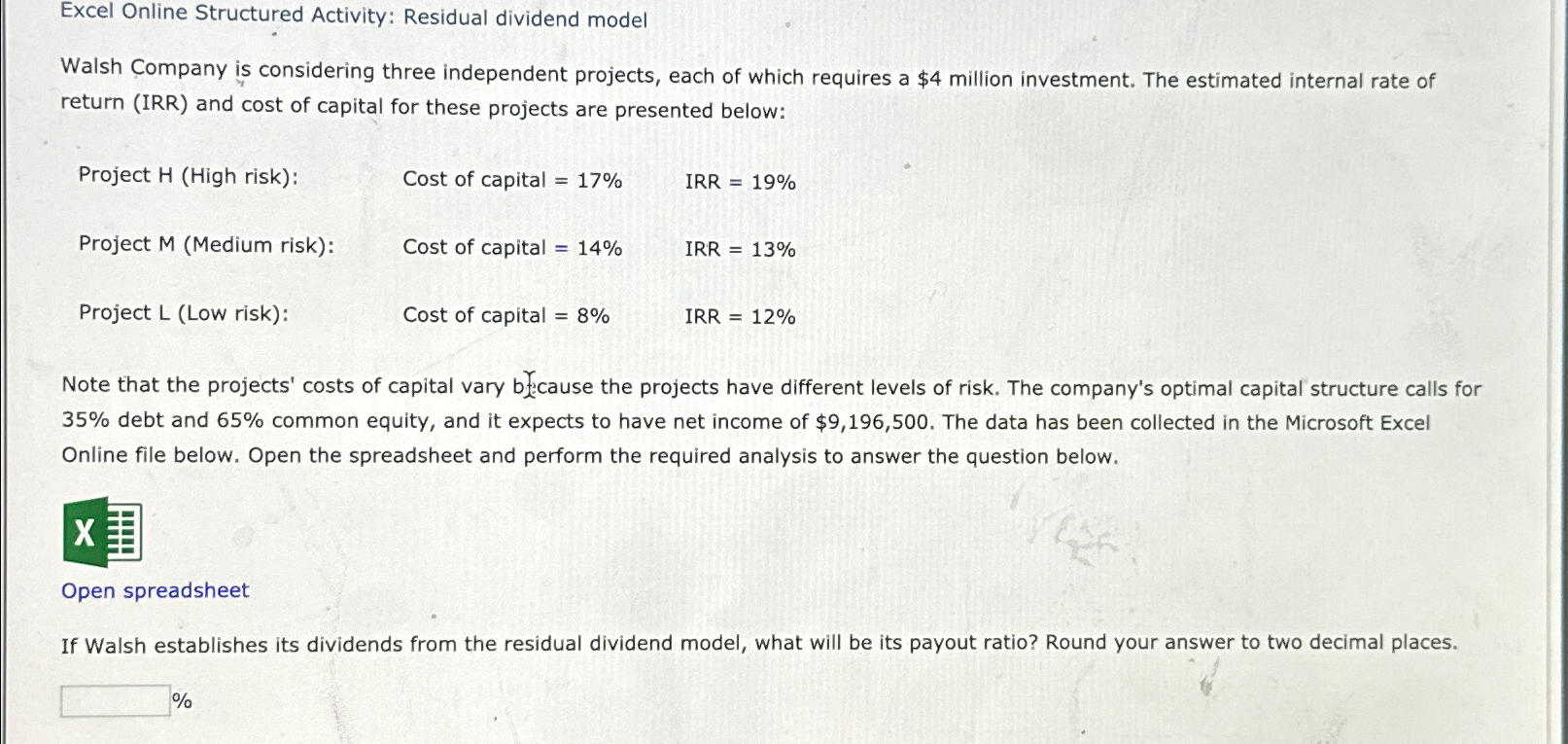Solved Excel Online Structured Activity: Residual dividend | Chegg.com