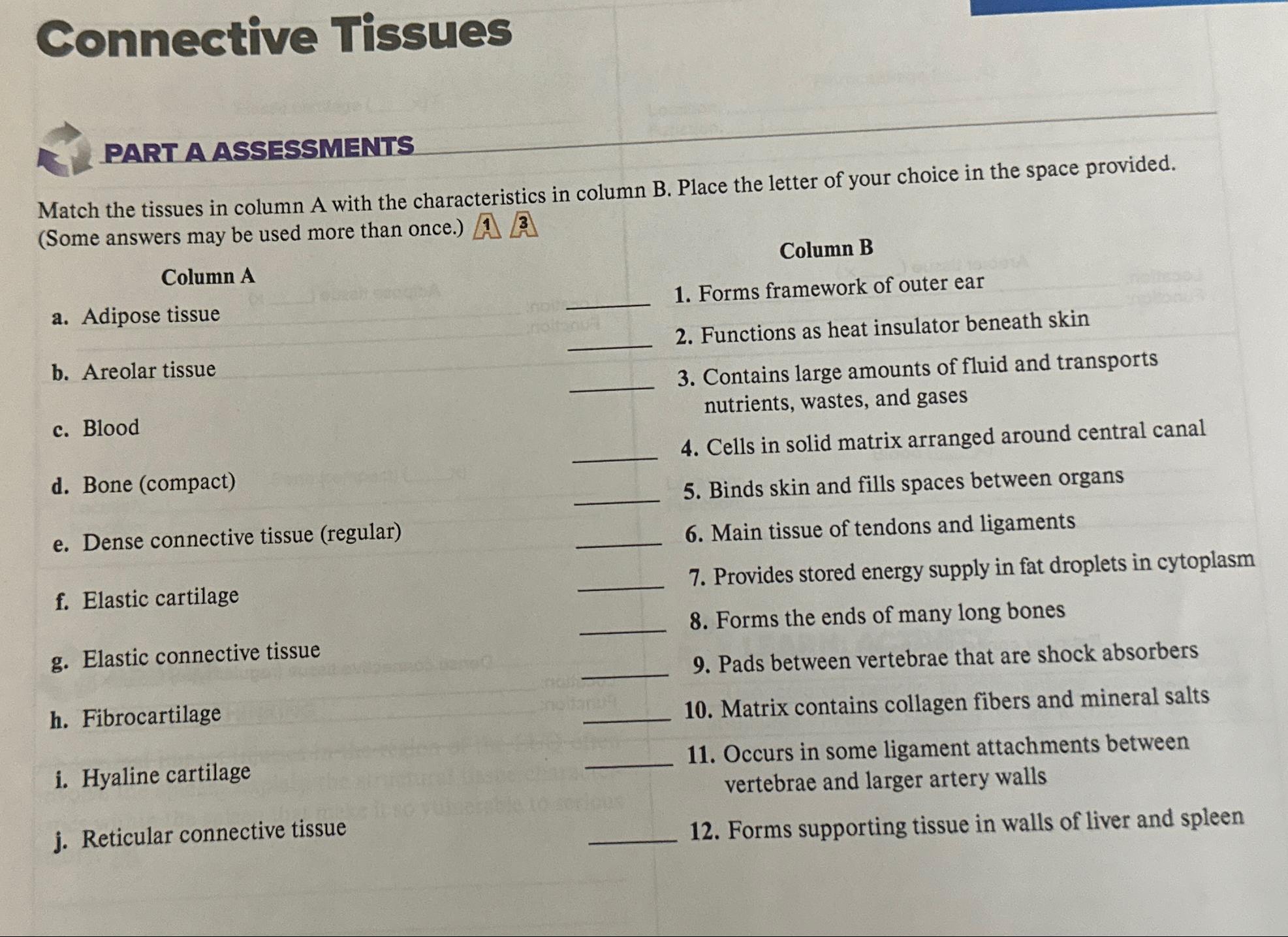 Solved Connective TissuesPART AASSESSMENTSMatch the tissues | Chegg.com