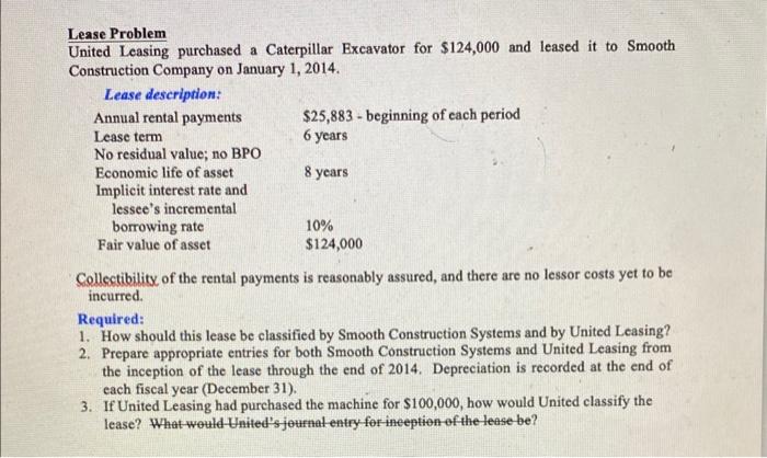 Solved Lease Problem United Leasing purchased a Caterpillar | Chegg.com