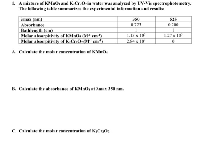 Solved 1. A mixture of KMnO4 and K Cr2O7 in water was | Chegg.com