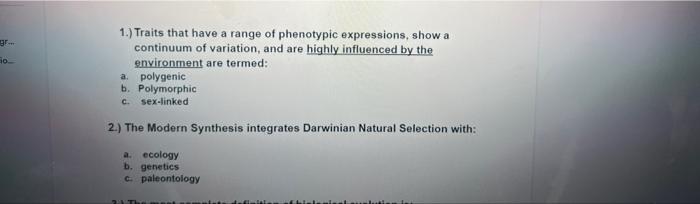 Solved gr... so 1.) Traits that have a range of phenotypic | Chegg.com