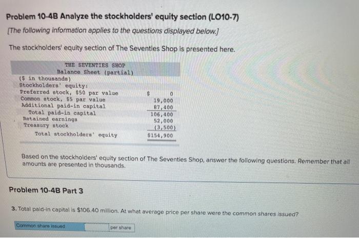 Solved Problem 10-4B Analyze the stockholders' equity | Chegg.com