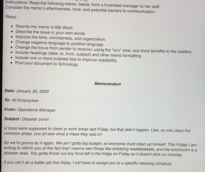 Solved Instructions: Read the following memo, below, from a | Chegg.com