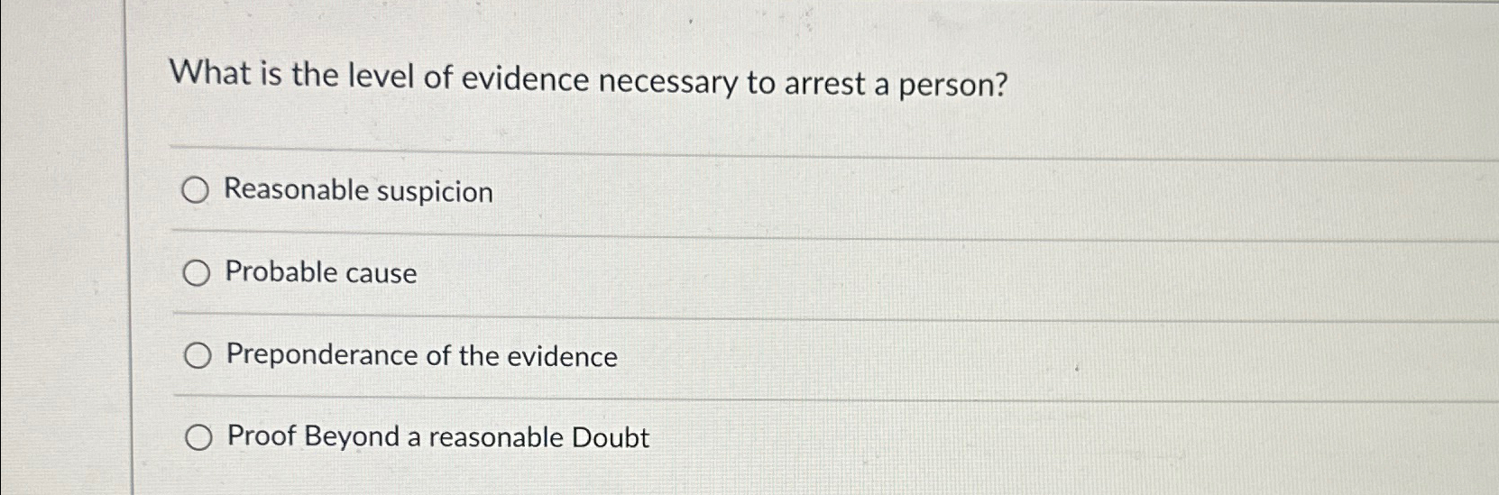 Solved What is the level of evidence necessary to arrest a | Chegg.com