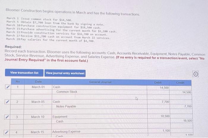Solved Bloomer Construction begins operations in March and | Chegg.com