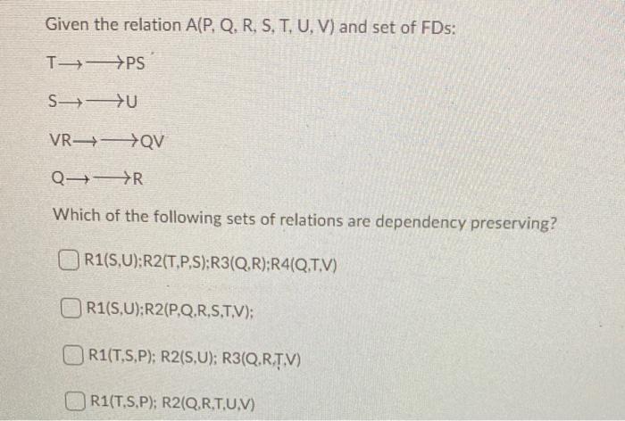 Solved Given the relation A(P, Q, R, S, T, U, V) and set of | Chegg.com
