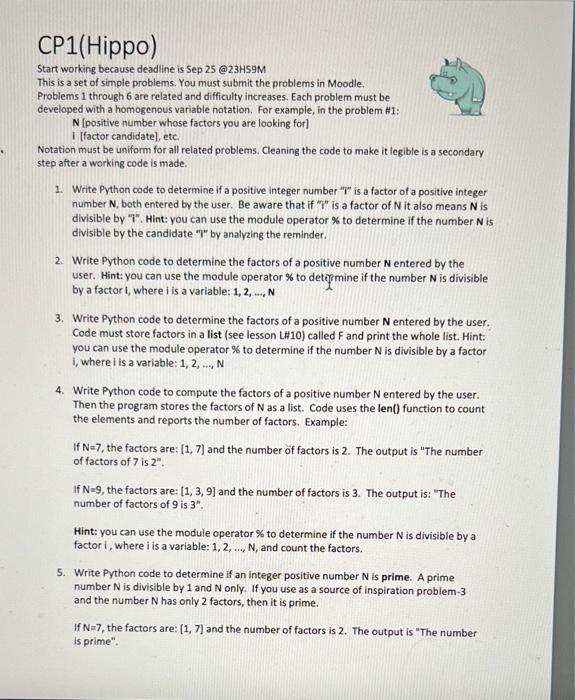 Solved CP1( Hippo ) Start working because deadline is Sep | Chegg.com