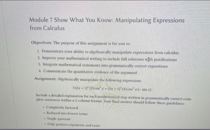 Solved Module 7 Show What You Know: Manipulating Expressions | Chegg.com