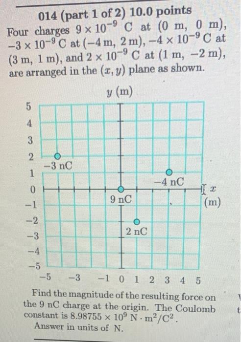 Solved 014 (part 1 of 2 ) 10.0 points Four charges 9×10−9C | Chegg.com