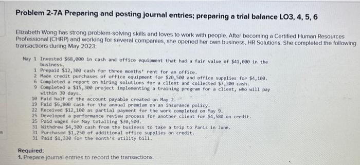 Solved Problem 2-7A Preparing and posting journal entries; | Chegg.com