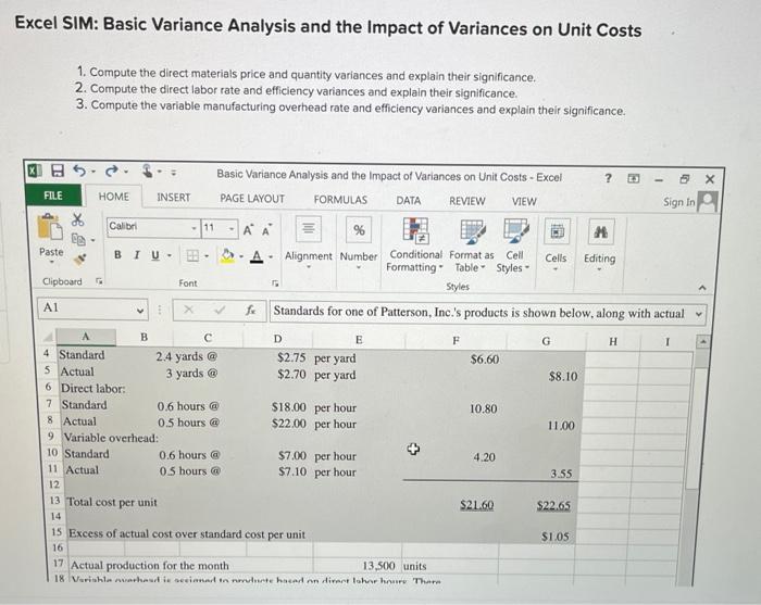 Solved Excel SIM: Basic Variance Analysis and the Impact of | Chegg.com