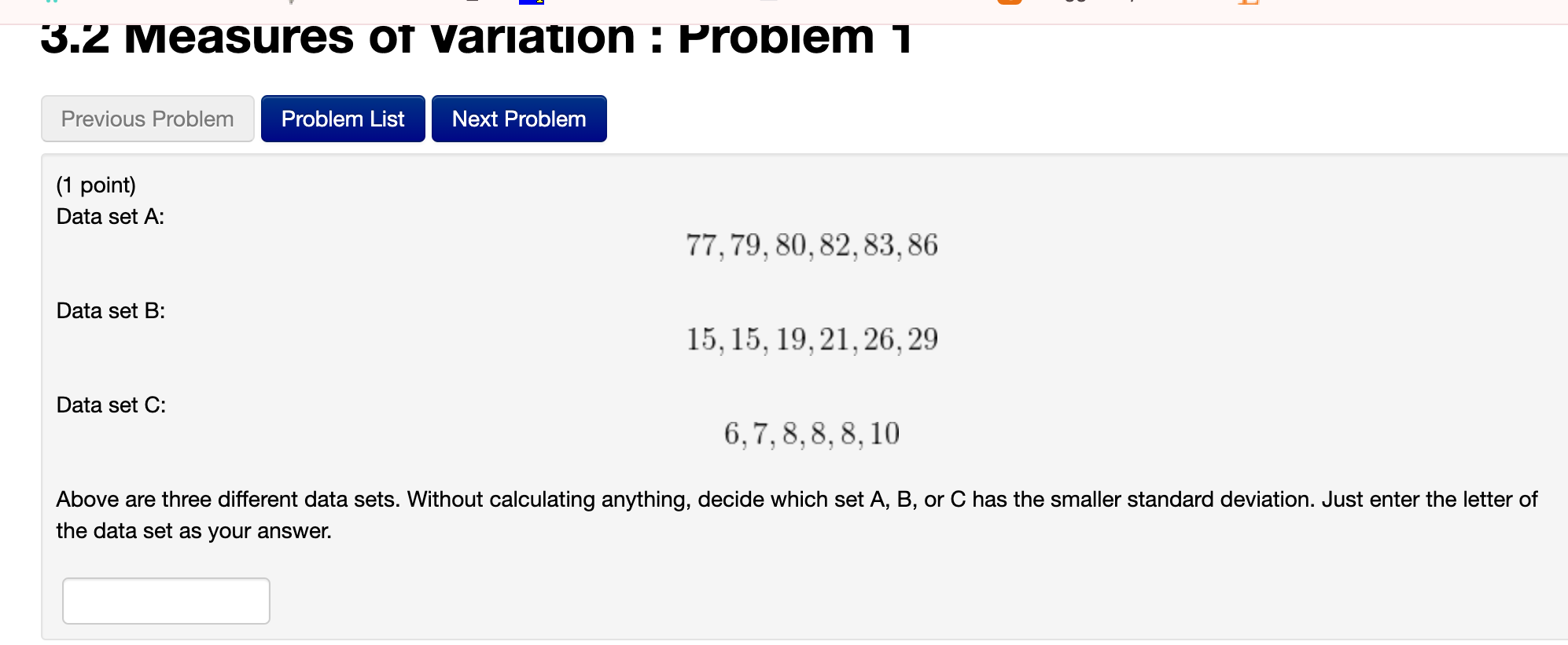Solved (1 ﻿point) ﻿Consider the following small data set.(1 | Chegg.com