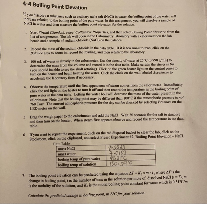 Solved 4-4 Boiling Point Elevation If you dissolve a | Chegg.com
