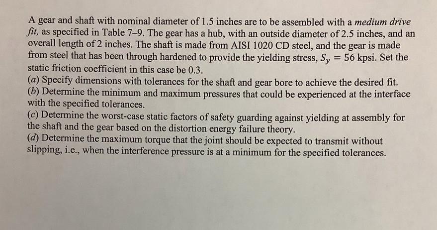 Solved A gear and shaft with nominal diameter of 1.5 inches | Chegg.com