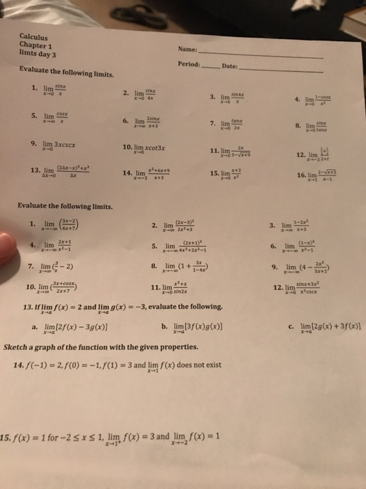 Solved Calculus Chapter 1 limts day 3 Name: Period: Evaluate | Chegg.com