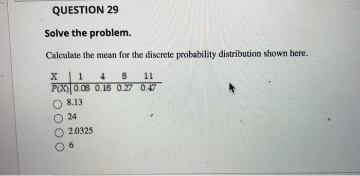 Solved QUESTION 29 Solve the problem. Calculate the mean for | Chegg.com