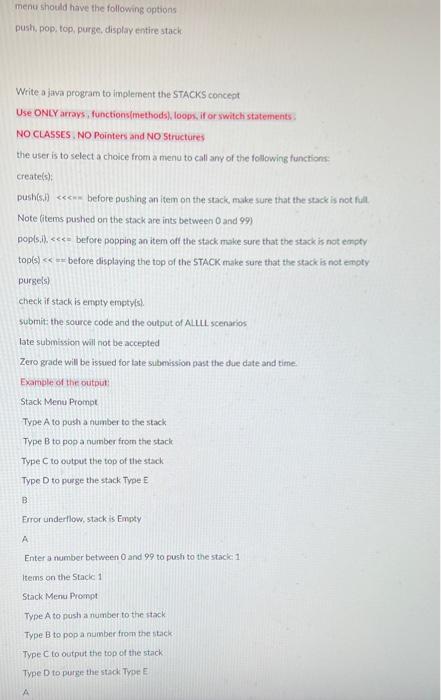 Solved menu should have the following options push. pop, | Chegg.com