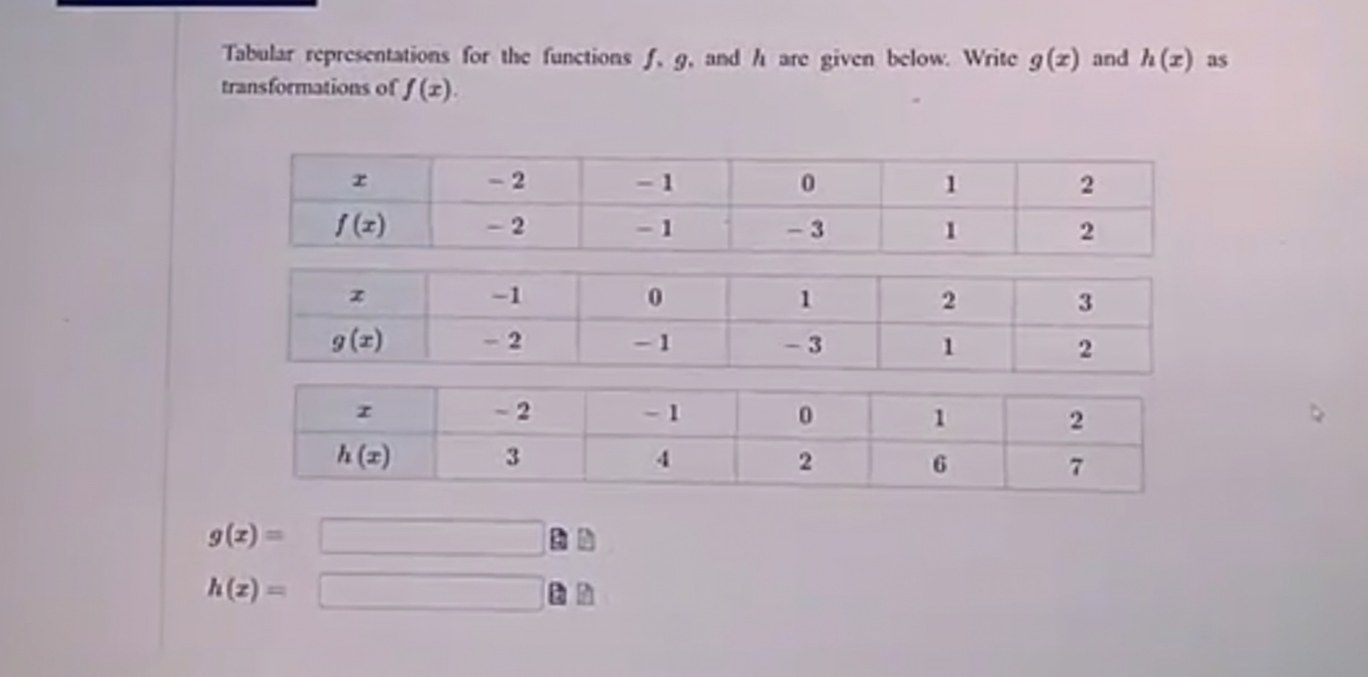 Solved Tabular Representations For The Functions F G and H