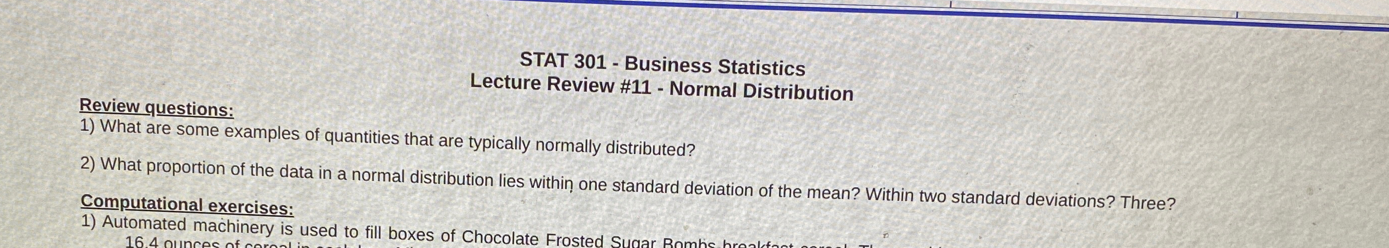 Solved STAT 301 - ﻿Business StatisticsReview | Chegg.com
