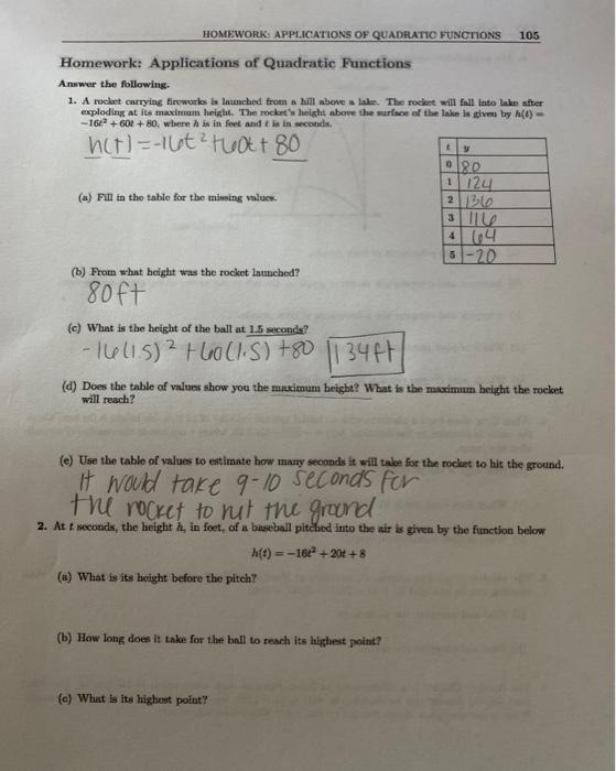 Solved HOMEWORK: APPLICATIONS OF QUADRATIC FUNCTIONS 105 | Chegg.com