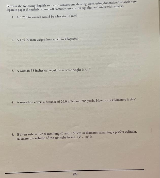 Solved Perform the following English to metric conversions | Chegg.com