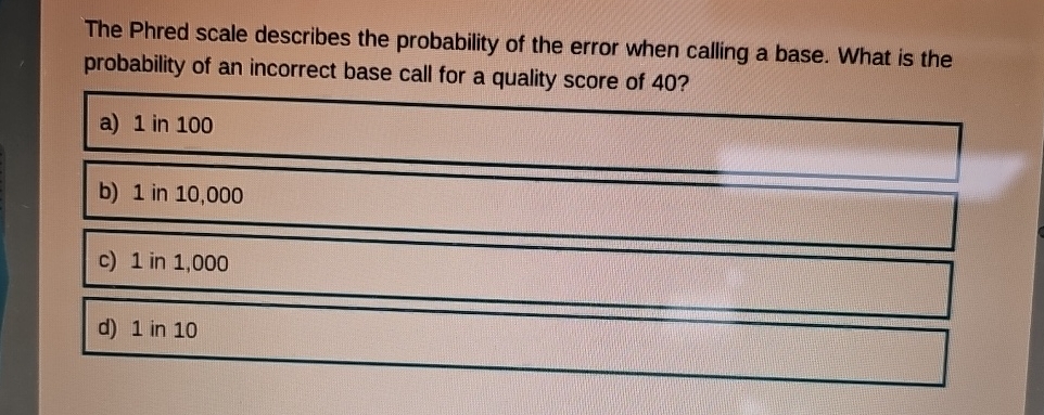 Solved The Phred scale describes the probability of the | Chegg.com